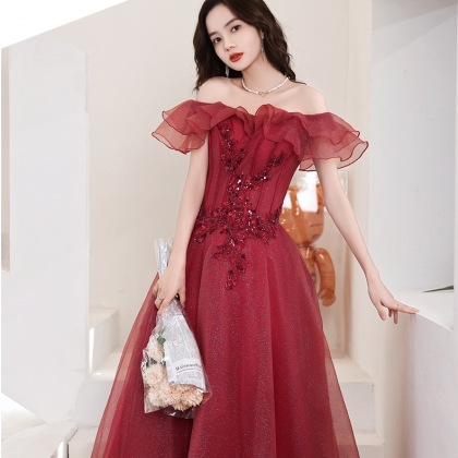 Wine Sequined Long Luxury Beads Ruffle Lady Women Prom Dress Party ...