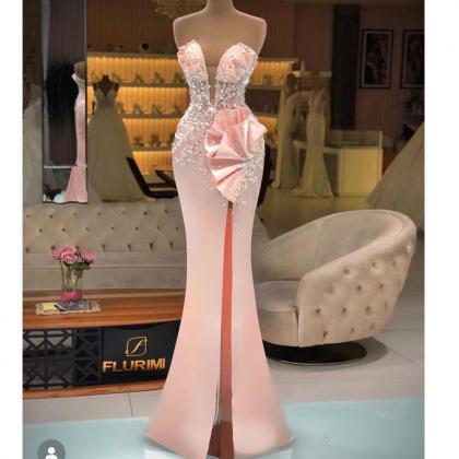 Pink Prom Dresses, Side Slit Prom Dresses, Ruffle Prom Dresses, Pearls ...