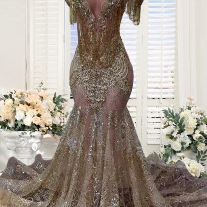 Gold Sparky Sequined Mermaid Prom Dresses Long For Women 2025 Crew Neckline Beading Glitter ...