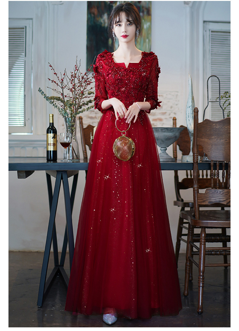 Wine Red Modest Evening Dresses With 3/4 Sleeves 2021 Luxury Appliques ...