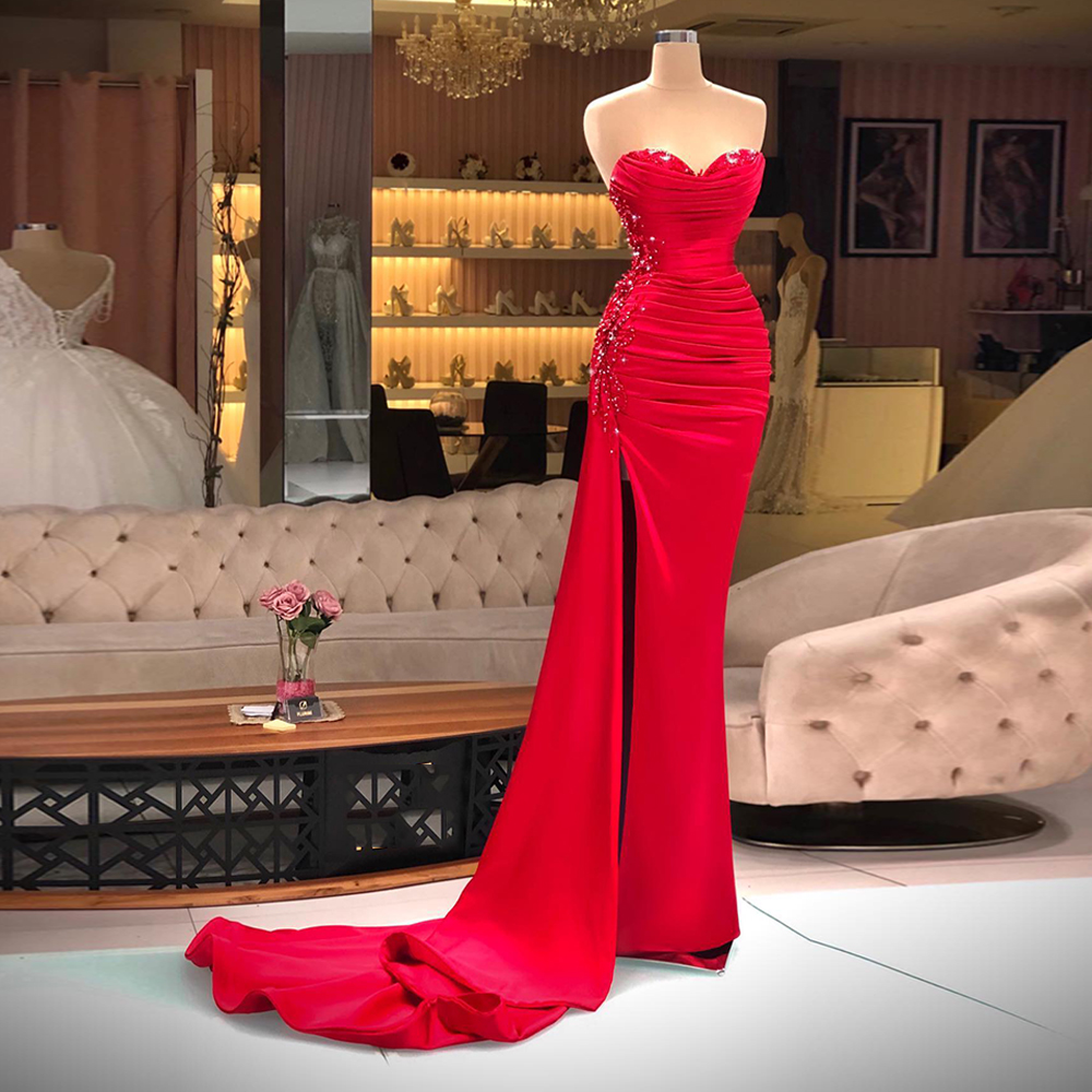 Red Evening Dress High Slit Sweetheart Sleeveless Beading Pleat Sexy ...