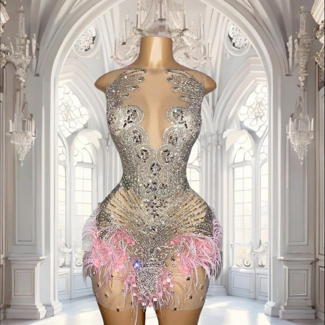 Luxury Silver Diamond Women Birthday Party Formal Gowns Pink Feather Black Girls Homecoming ...