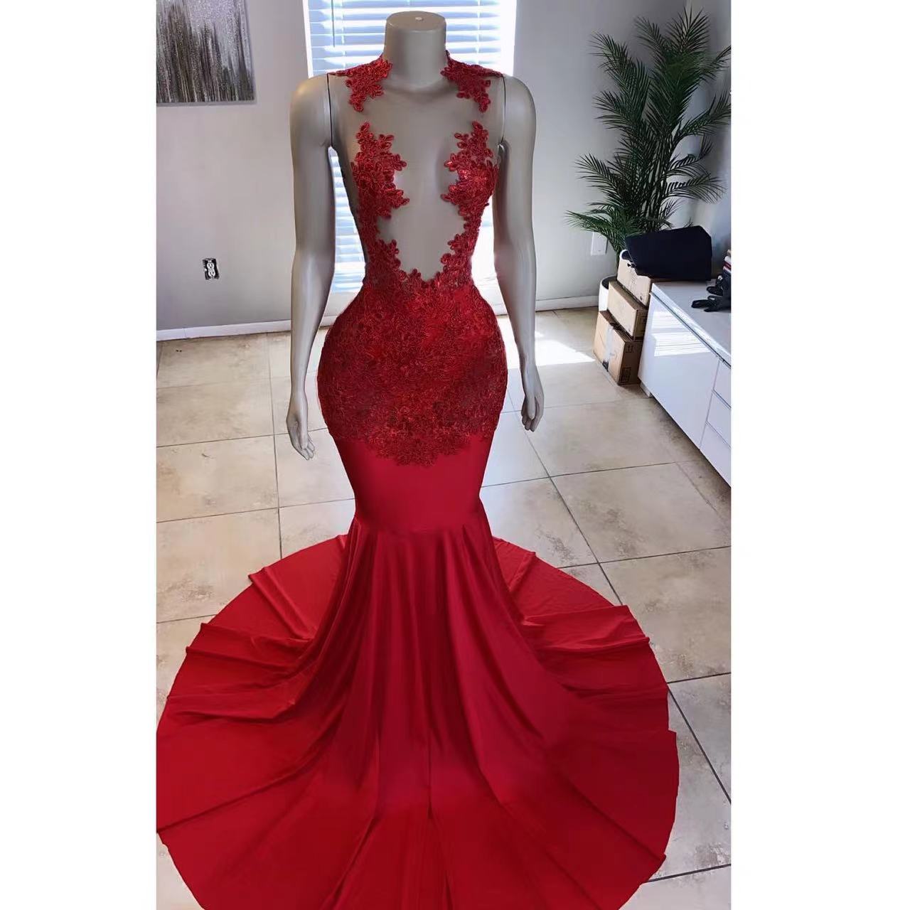 Red Lace Appliques Prom Dresses Long For Women 2025 Illusion Mermaid ...