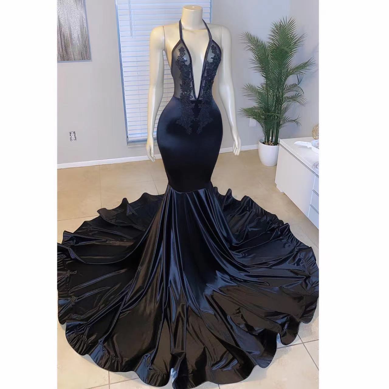 Black Satin Prom Dresses Long For Women 2025 V Neck Illusion Lace ...