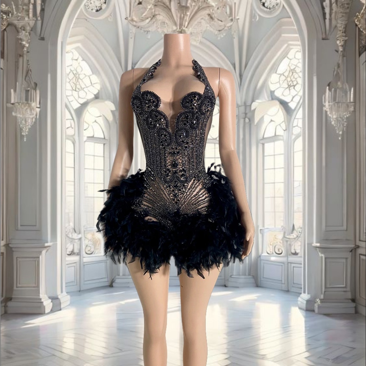 Women See Through Luxury Diamond Black Feather Short Prom Dresses 2024 For Birthday Party Black ...