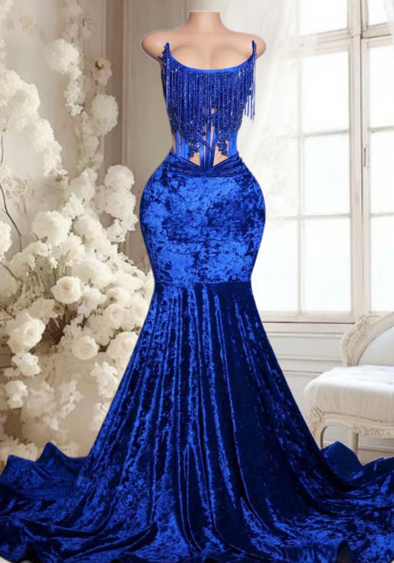 Royal Blue Velvet Prom Dresses Long For Women 2025 Tassel Mermaid ...