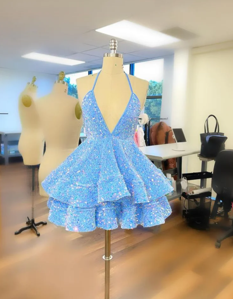 Sexy Sky Blue Halter Short Prom Dresses Sequined Birthday Party Gowns ...