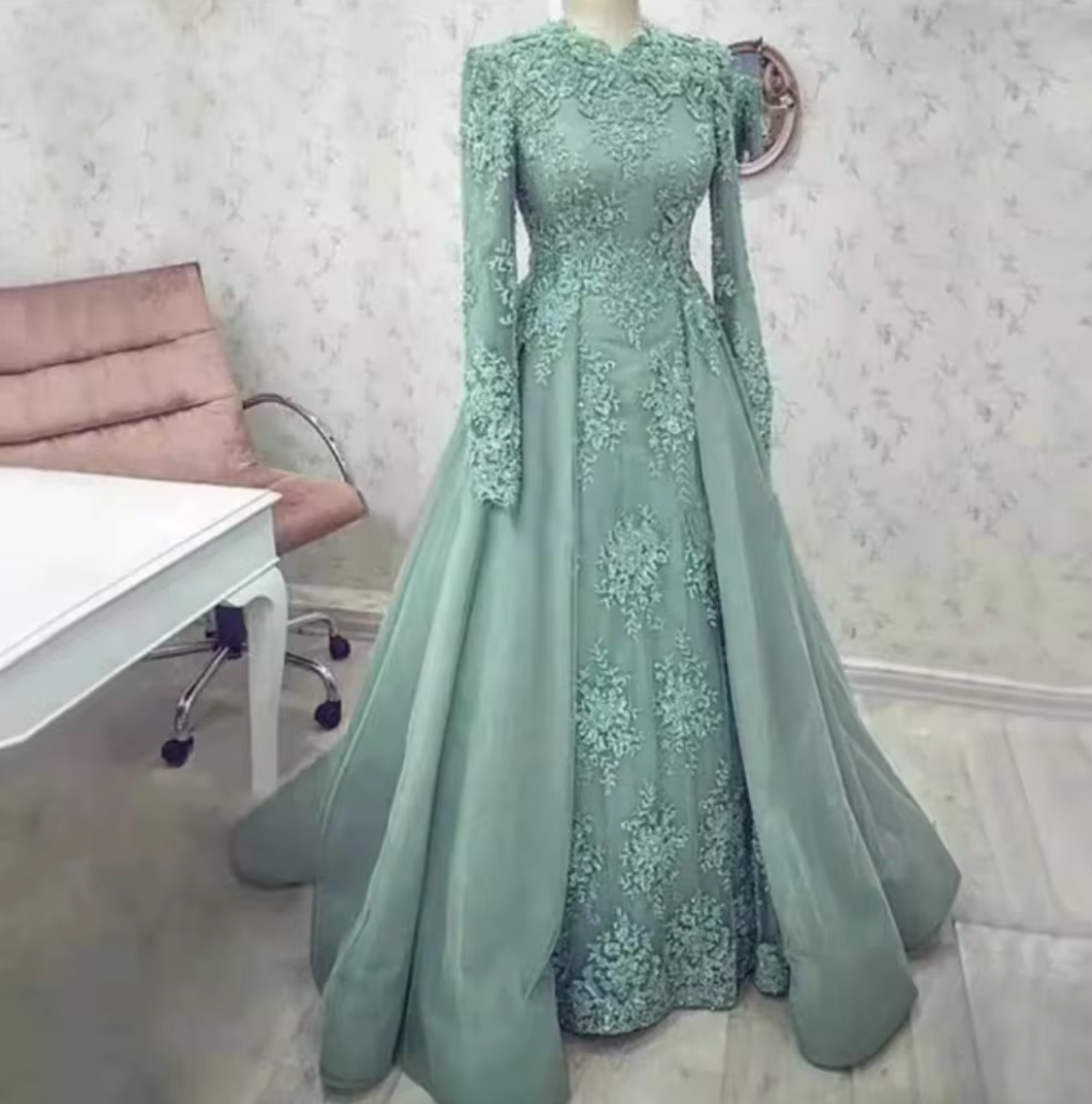Classic Muslim Women Prom Dress Lace Appliques Detachable Train Arab ...