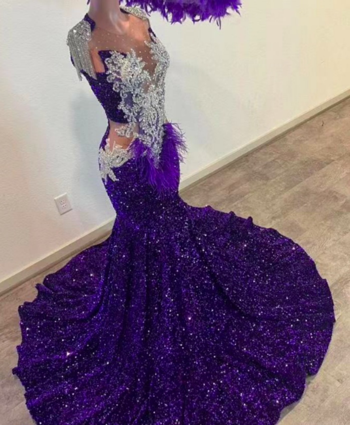 Sparkly Sequin Mermaid Prom Dresses Long For Black Women 2025 Crew Neckline Tassel Tight Formal ...