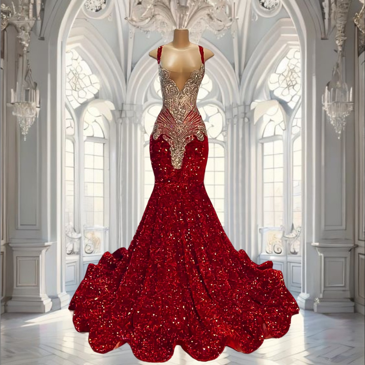 Gorgeous Long Prom Dresses 2024 Mermaid Style Luxury Sparkly Silver Crystals Red Sequin Black ...