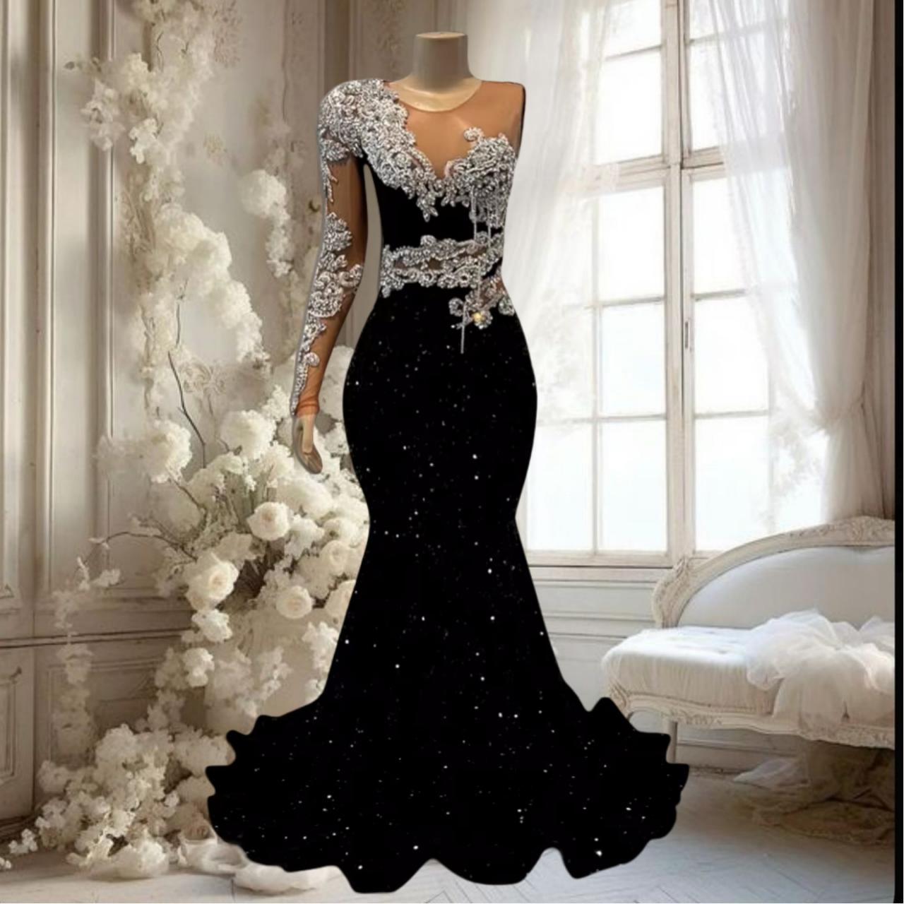 Long Black Sequin Prom Dresses 2025 With Single Sleeve Luxury Diamond ...