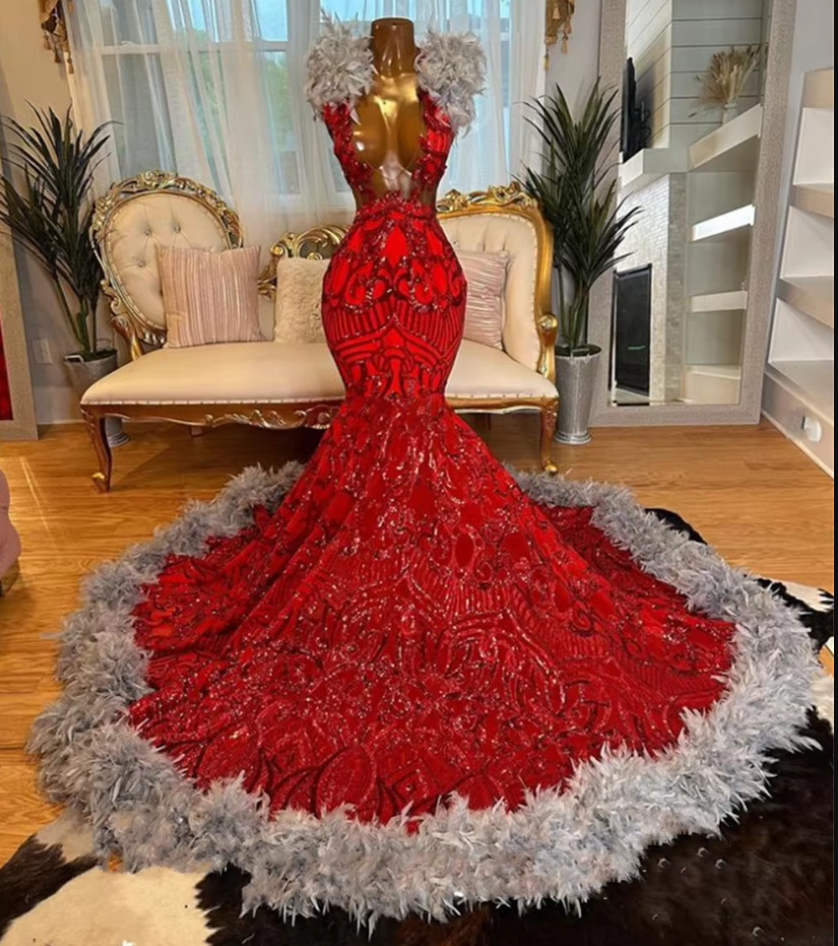 Luxury Red Sequined Lace Grey Feather Prom Dresses 2024 For Birthday ...