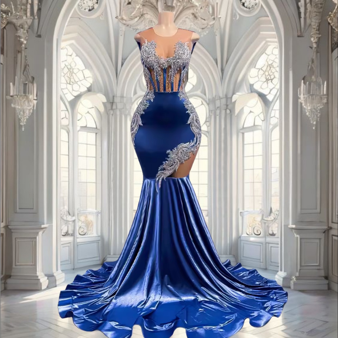 Exquisite Royal Blue Satin Mermaid Prom Formal Gowns Cut-out Crystal ...