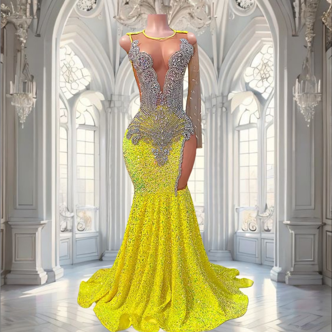Yellow One Sleeve Mermaid Prom Dresses 2025 Luxury Sheer Mesh Crystal ...