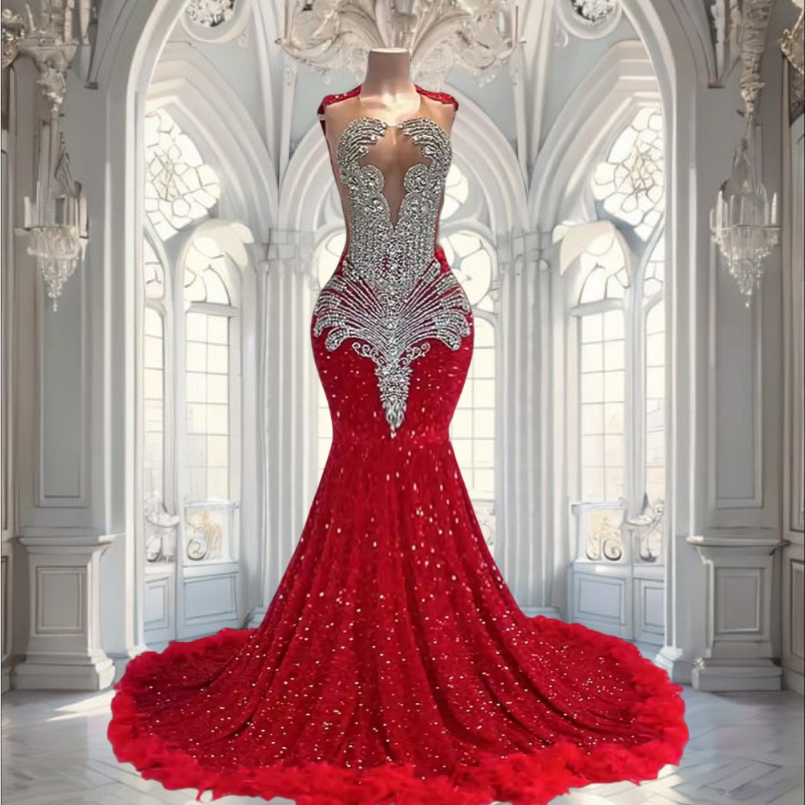 Luxury Crystals Red Mermaid Prom Gown With Feather Train Sparkly Sequin Silver Rhinestone Long ...