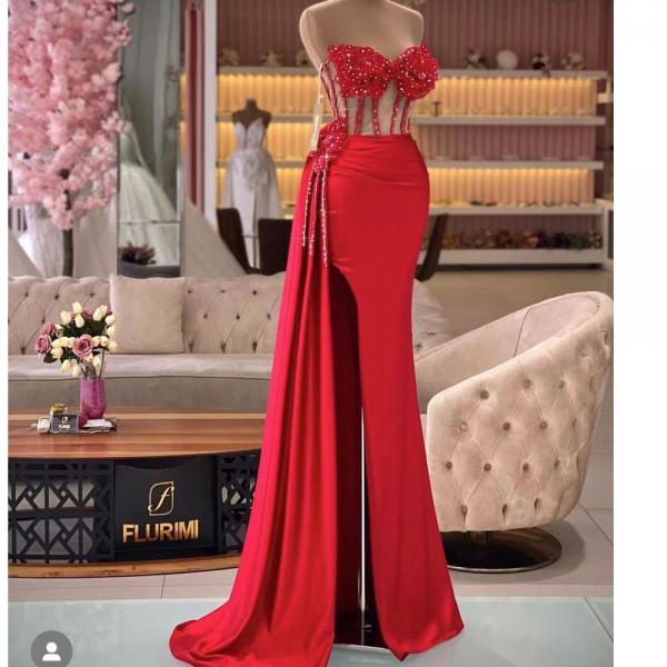 Red Prom Dresses, Red Prom Dresses, Side Slit Evening Dresses, Pearls ...