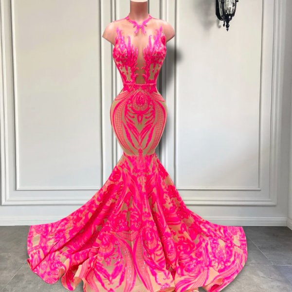 Orange Long Prom Dresses 2023 Sexy Mermaid Style Sheer O Neck Sparkly