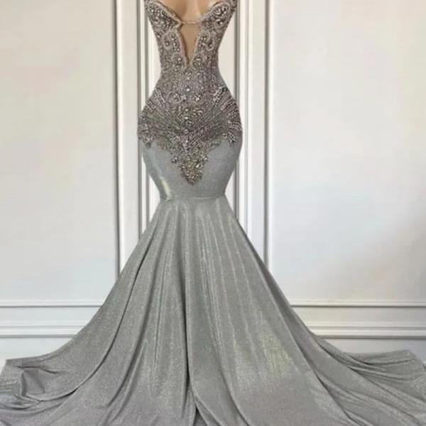Silver Crystal Prom Dresses Long For Women 2025 Halter Neckine Beading ...