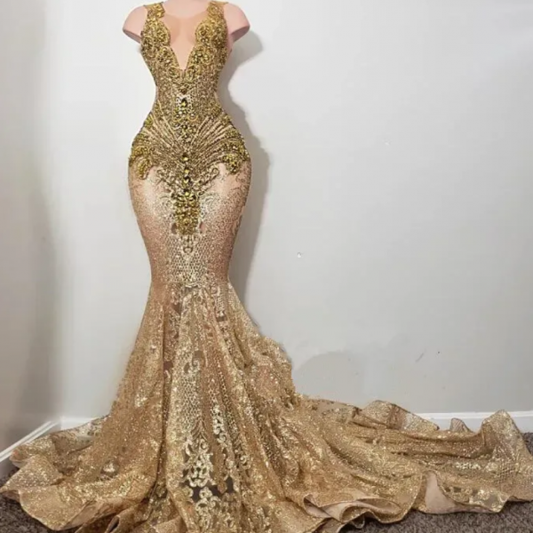 2025 Sparkly Gold Mermaid Prom Dresses Beads Rhinestone Crystal ...
