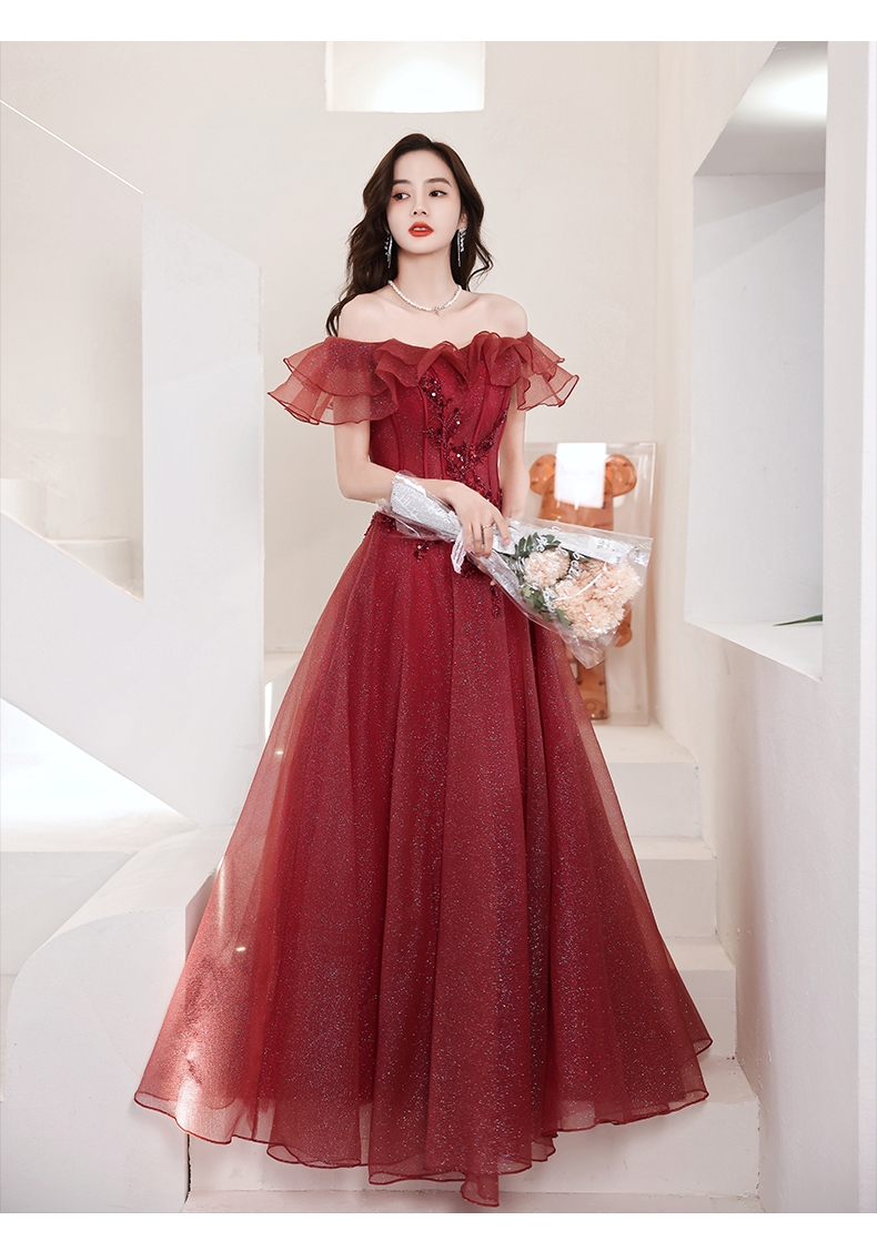 Wine Sequined Long Luxury Beads Ruffle Lady Women Prom Dress Party ...