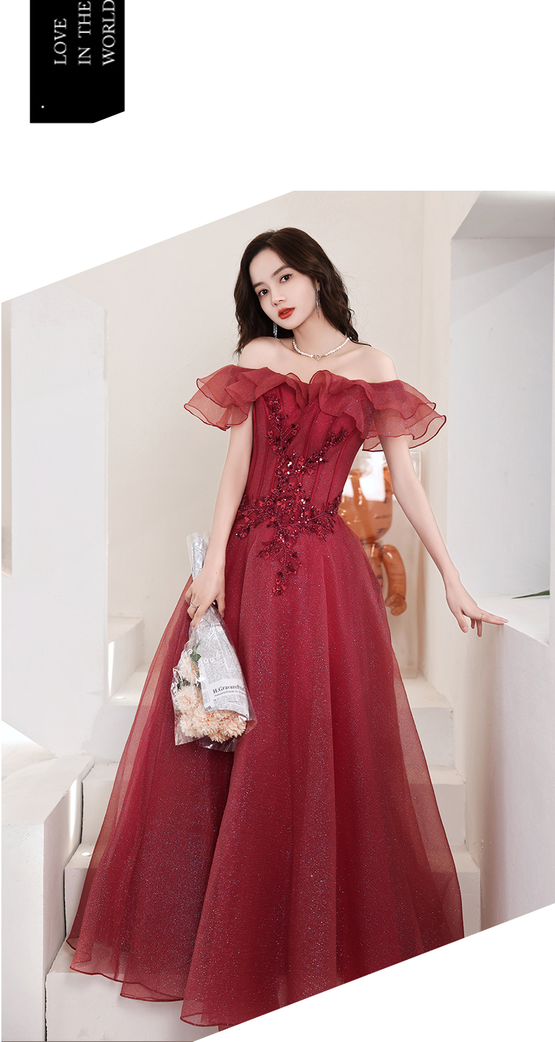 Wine Sequined Long Luxury Beads Ruffle Lady Women Prom Dress Party ...