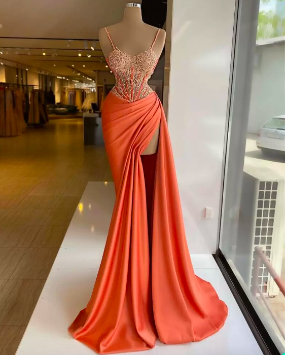 Bright Orange Sexy Mermaid Prom Dresses V Neck Sequins Beads Appliques