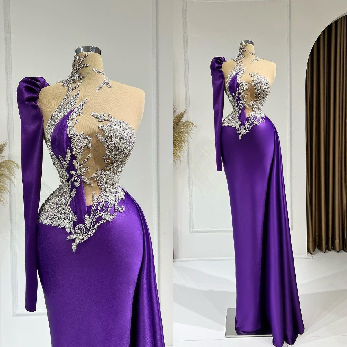 2023 Arabic Purple Mermaid Prom Dresses High Neck Beaded Sequined One Shoulder Long Evening ...