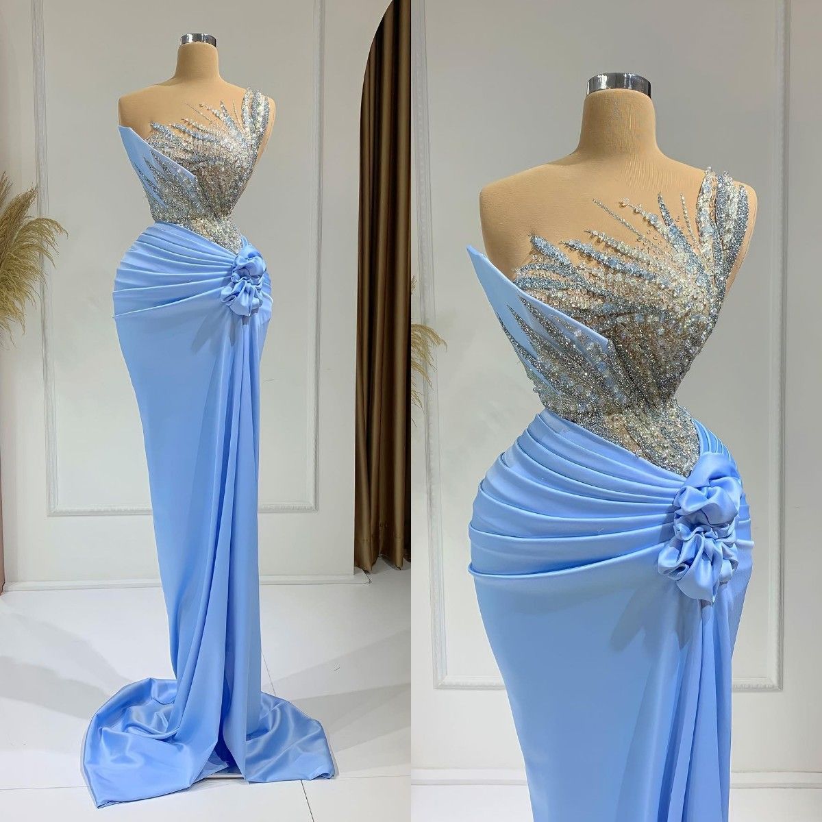 2023 Arabic Mermaid Prom Dresses Light Sky Blue Beaded Sequined Sheer ...