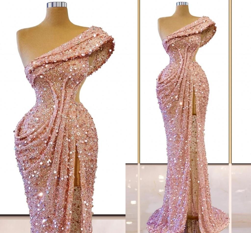 Glittering Pink Sequined Evening Dresses 2023 Sexy One Shoulder Ruched Sweep Train Formal Prom ...