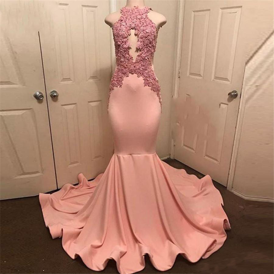 Halter Neck Sleeveless Robe De Soiree Party Dress Abiye Peach-pink ...