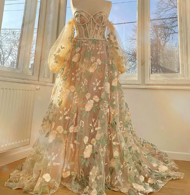 Beige Embroidery Lace A-line Prom Dresses Sweetheart Puff Sleeves ...