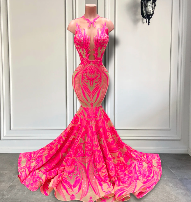 Pink Long Prom Dresses 2023 Sexy Sheer O-neck Sleeveless Sparkly Sequin ...