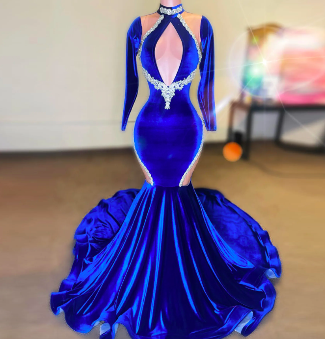 Royal Blue Mermaid Prom Dress Velvet High Neck Silver Beads Celebrity ...