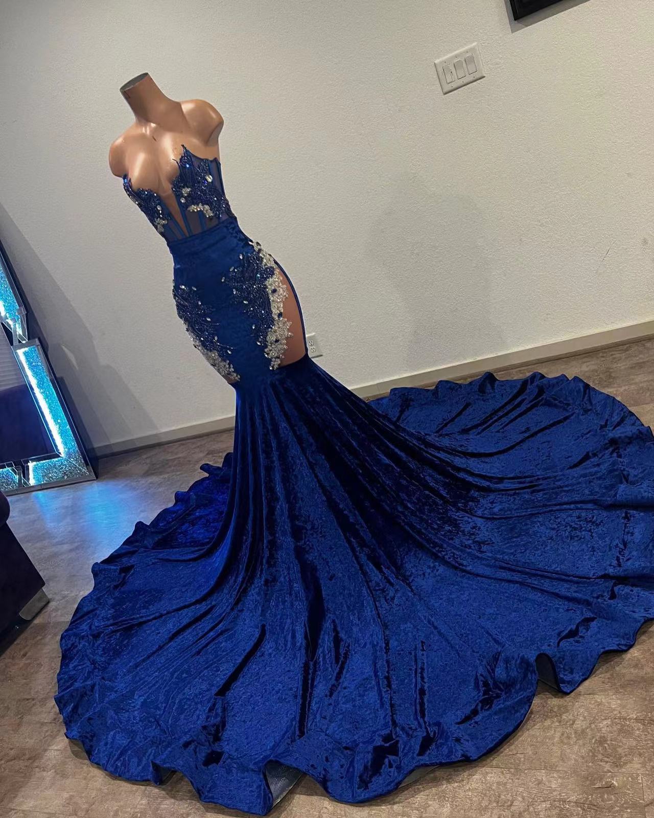 Velvet Crystal Prom Dresses Mermaid Court Train Evening Dresses Royal Blue Beaded Illusion ...