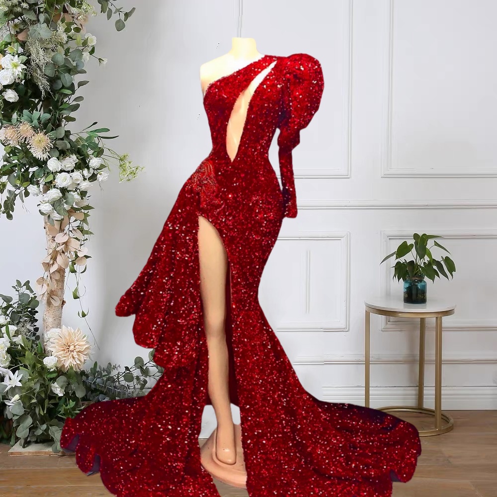 Sparkly Red Prom Dresses One Shoulder Long Sleeve Mermaid Side Slit ...