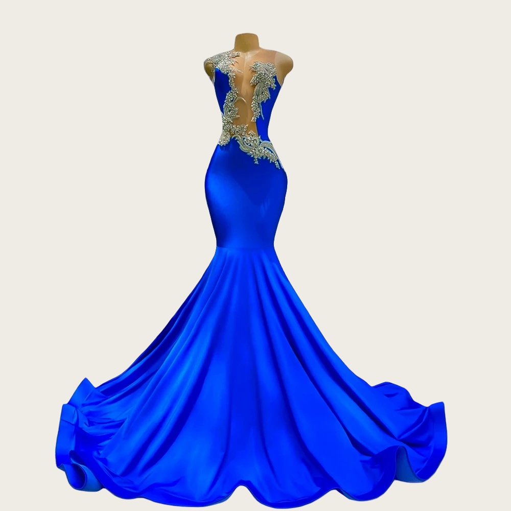 Royal Blue Crystal Prom Dresses Long For Women 2025 Illusion Crew ...
