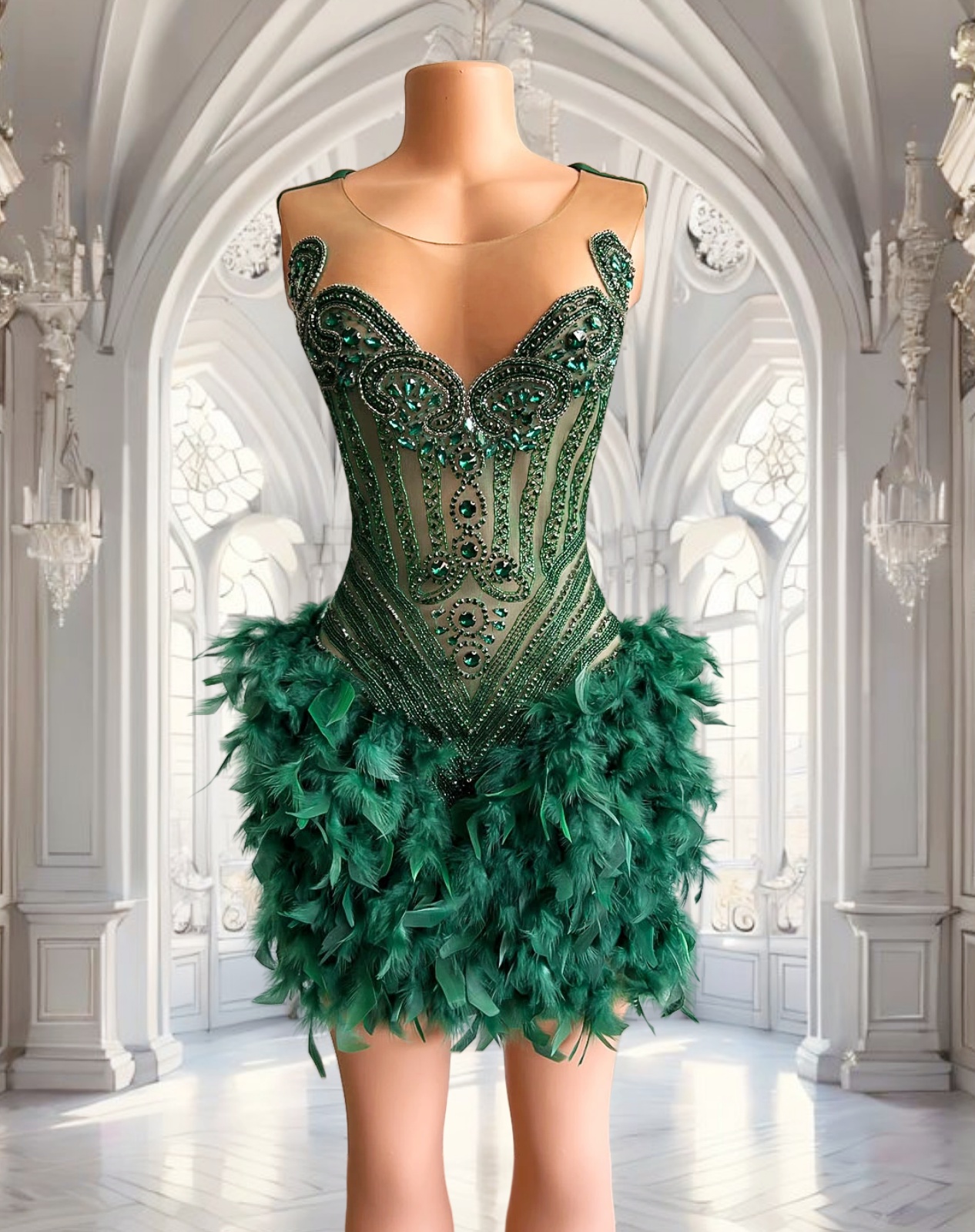 Green Crytal Prom Dresses Short Feather Illusion Crew Neckline Beaded ...