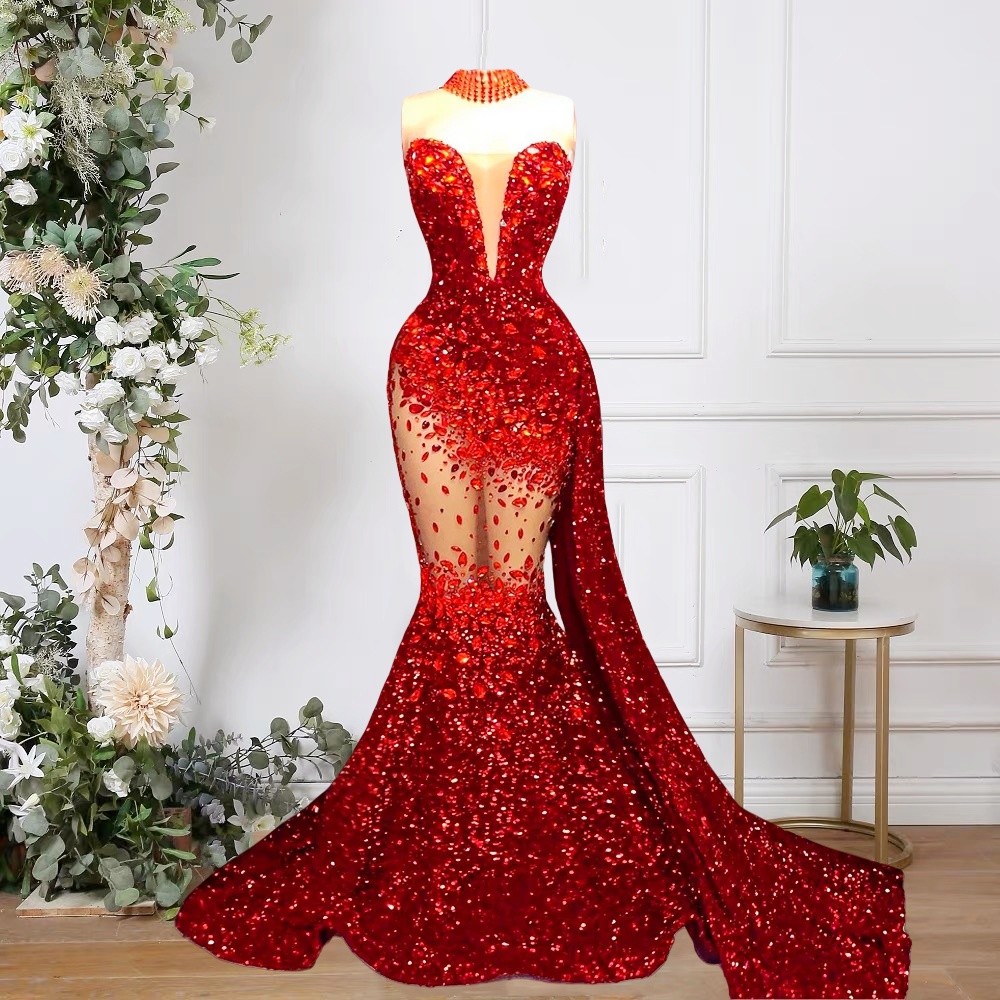 Sparkly Sequined Prom Dresses Long For Women 2025 Mermaid High Neck Rhinestone Formal Evening ...