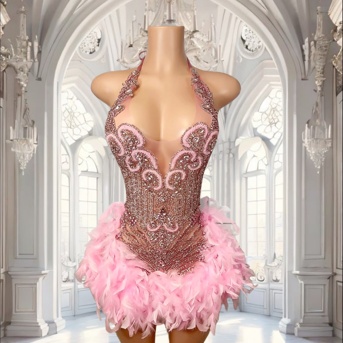 Sparkly Cute Sleeveless Women Birthday Party Formal Gowns Luxury Pink Diamond Feather Short Mini ...