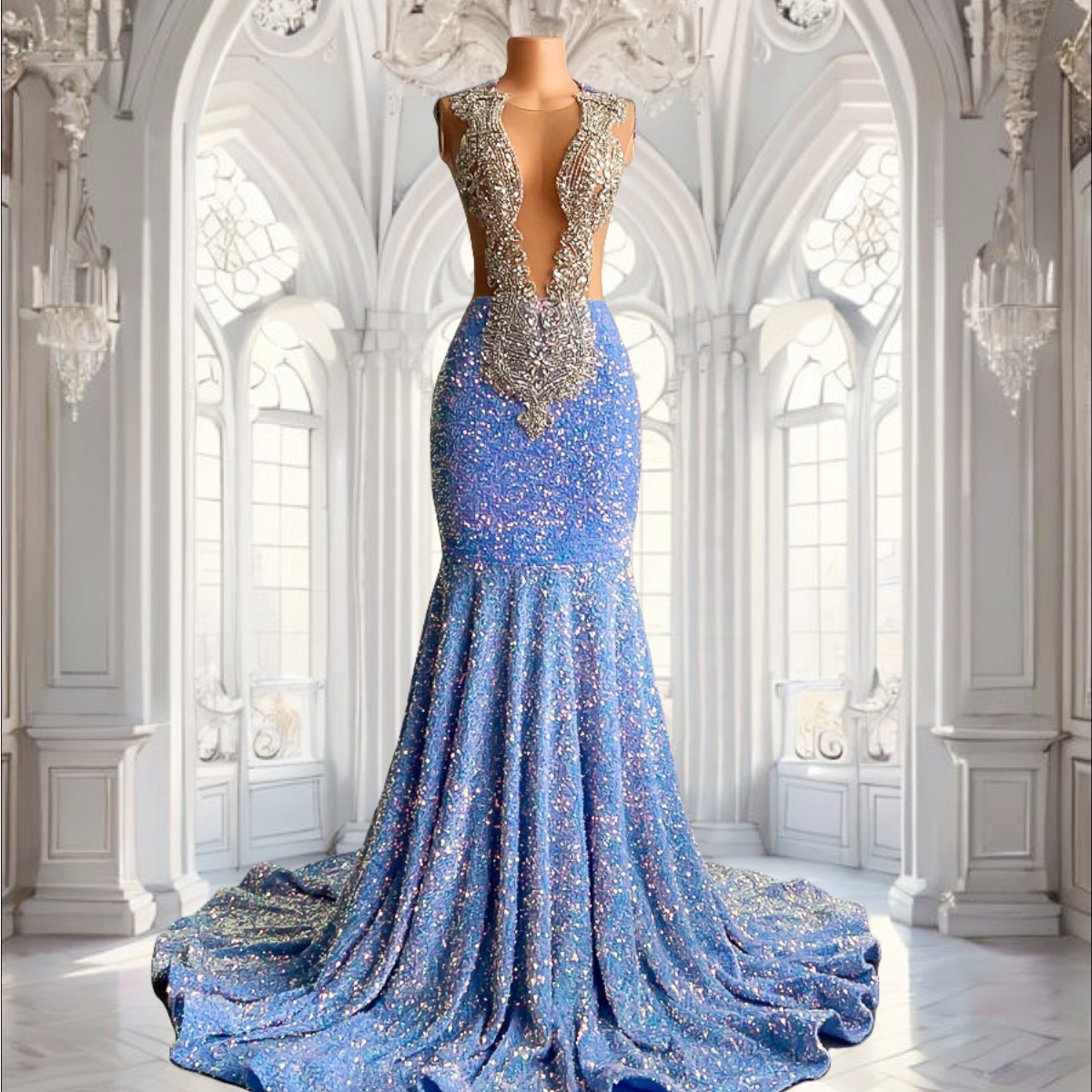 Sky Blue Long Prom Dresses 2024 Luxury Sexy Sheer Mesh Beaded Silver ...