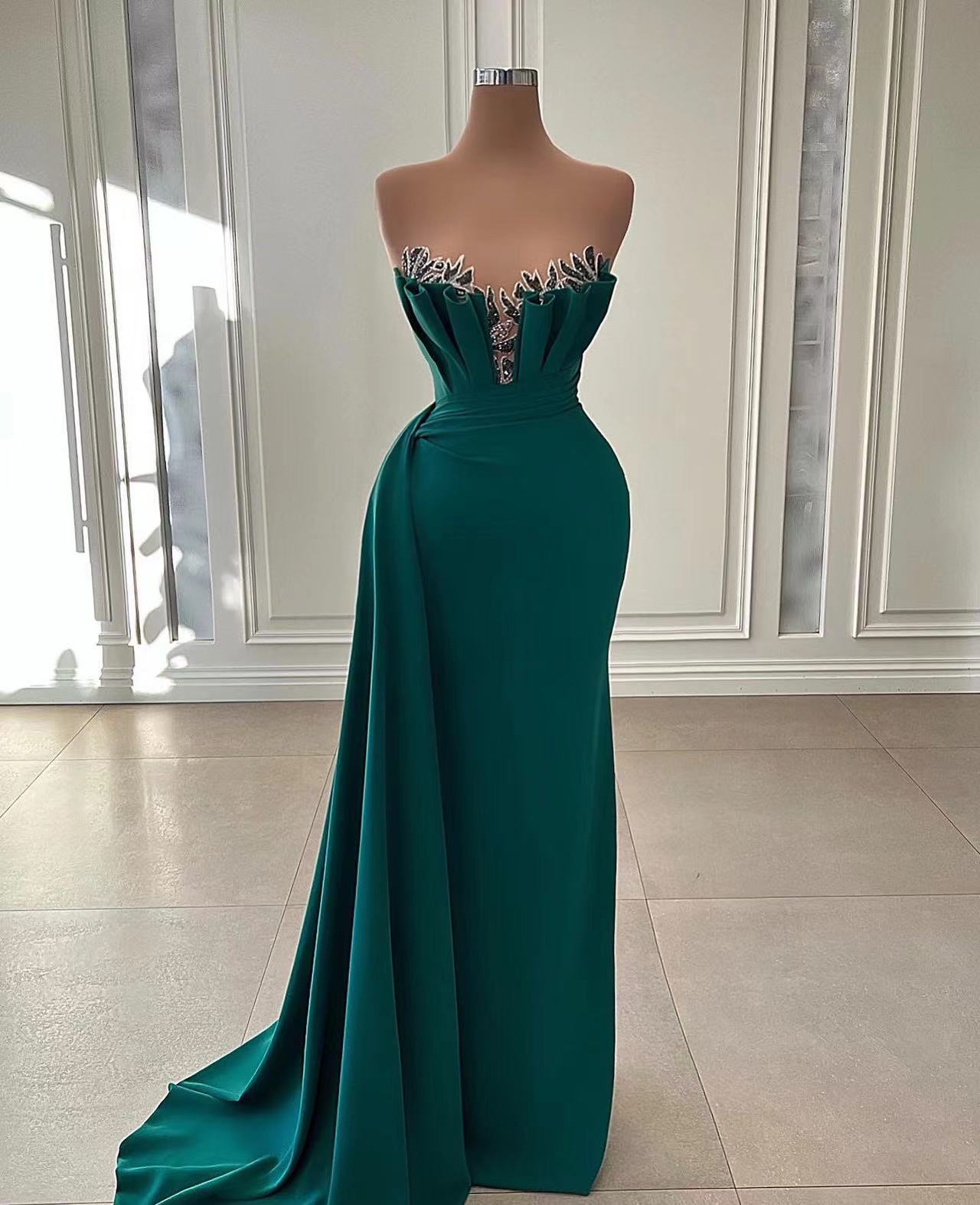Emerald Green Satin Prom Dresses Long For Women 2025 Beading Pearls ...
