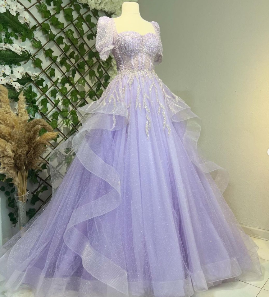 Lilac Beaded Prom Dresses Long For Women 2025 Tulle Ball Gown Ruffle ...