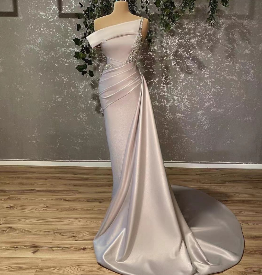 One Shoulder Satin Wedding Dresses Long One Shoulder Pleated White Prom ...