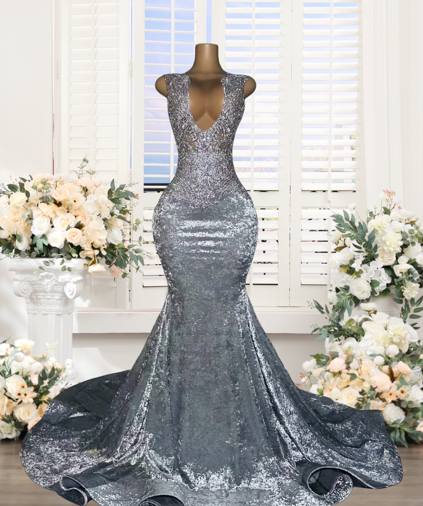 Silver Beaded Prom Dresses Long For Women 2025 V Neck Mermaid Velvet ...