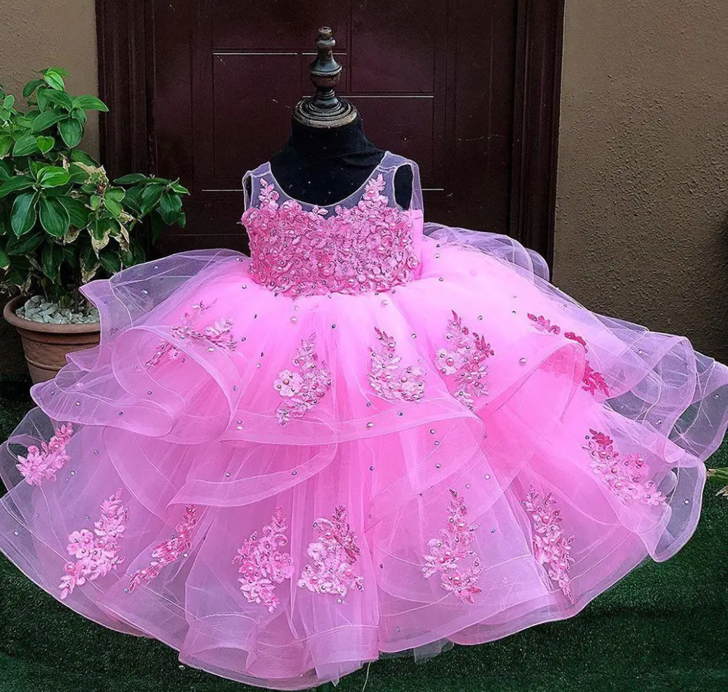 Luxurious Pink Lace Flower Girl Dresses Sheer Neck Crystals Little Girl ...