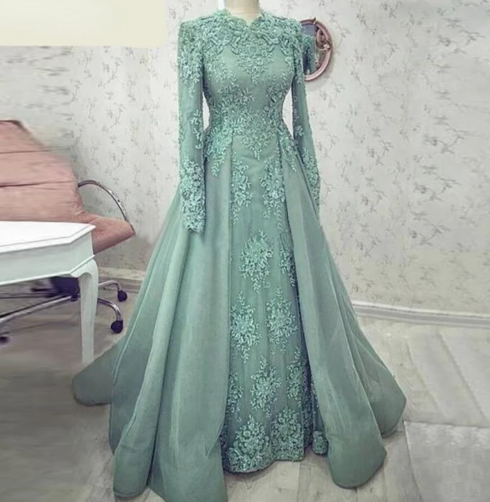 Turquoise Muslim Lace Evening Dresses Long Sleeve Appliques A-line Prom ...