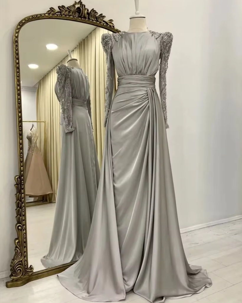 Grey Muslim Prom Dress O-neck Lace Appliques Beading Long Sleeves ...