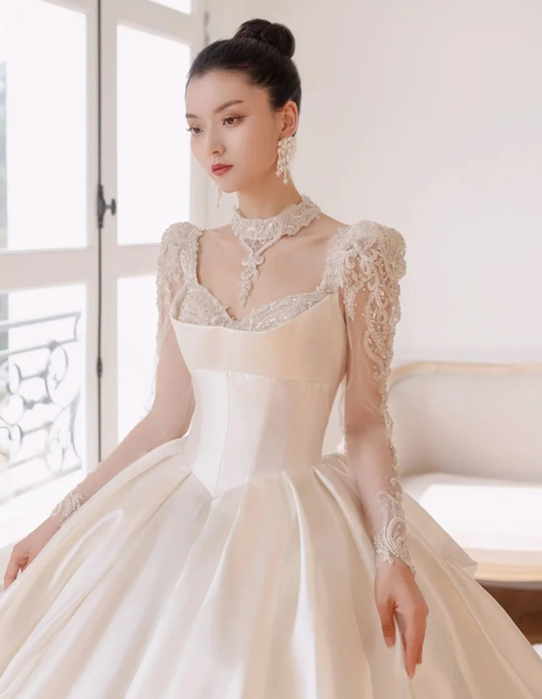 Elegant Satin Wedding Dress Glitter Crystal Beads Bridal Gown High Neck ...