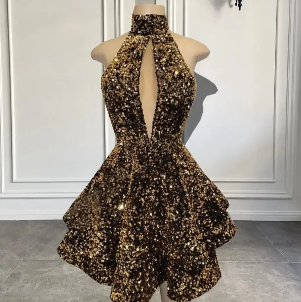 Gold Short Prom Dress 2024 Halter Sleeveless Sparkly Sequin Backless ...