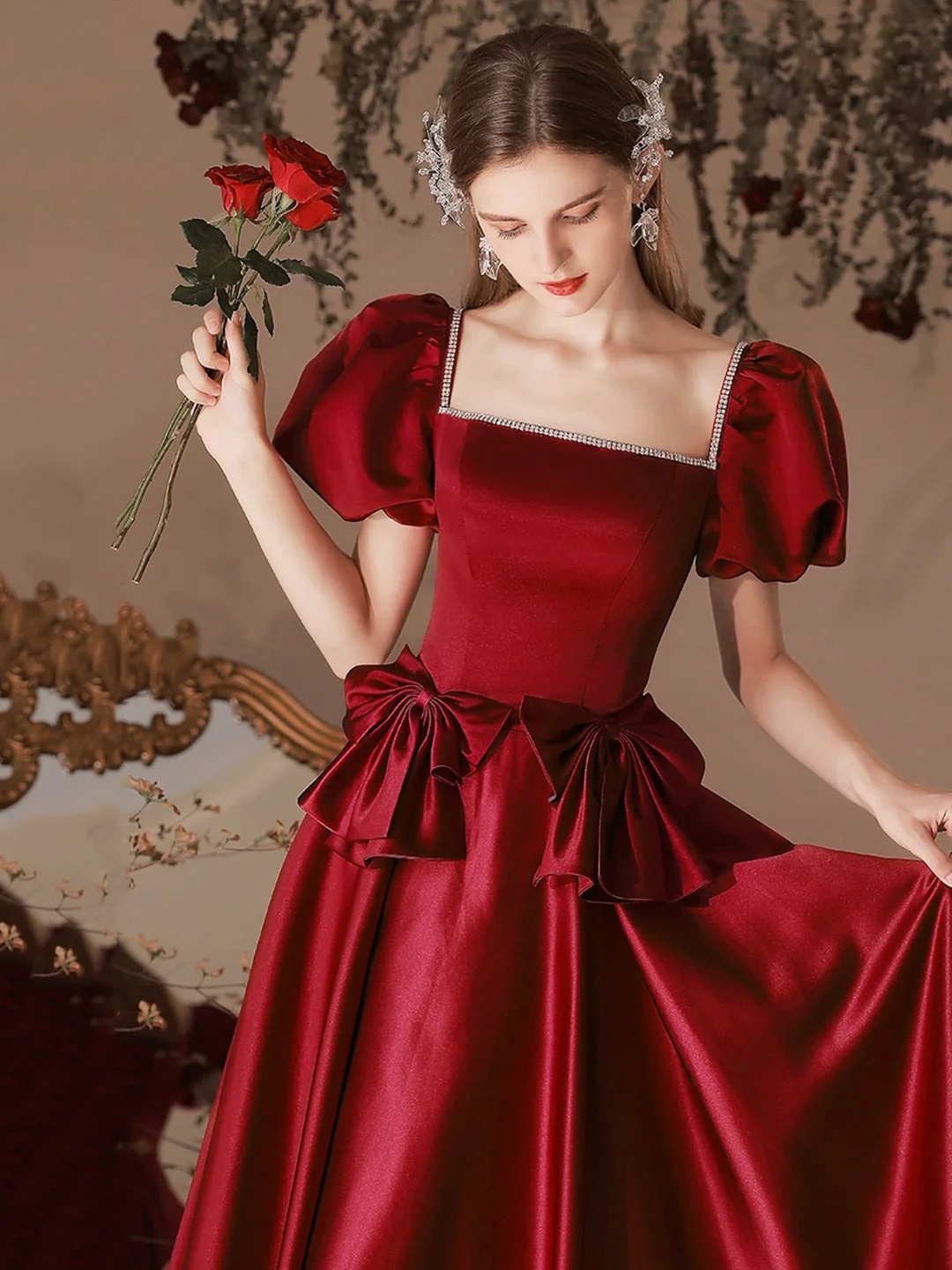 Vintage-inspired Ruby Red Puff Sleeve Homecoming Dress on Luulla